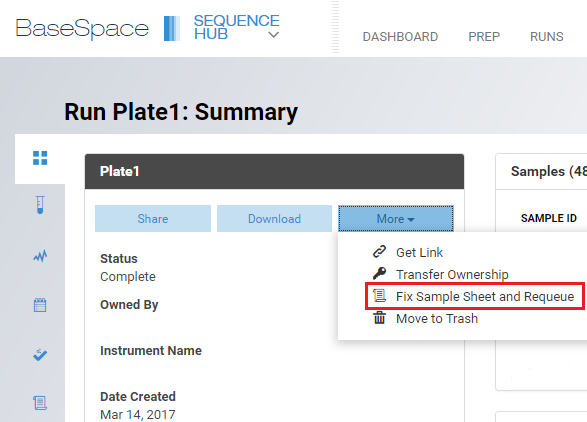 How to edit a sample sheet and requeue an analysis in BaseSpace Sequence Hub